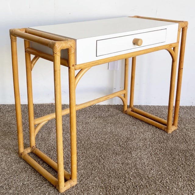 Boho Chic White Matte Laminate Bamboo Rattan Desk | Chairish