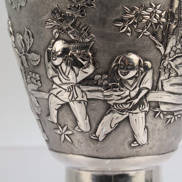 Antique Signed Chinese Export Sterling Silver Vase With Landscape and ...