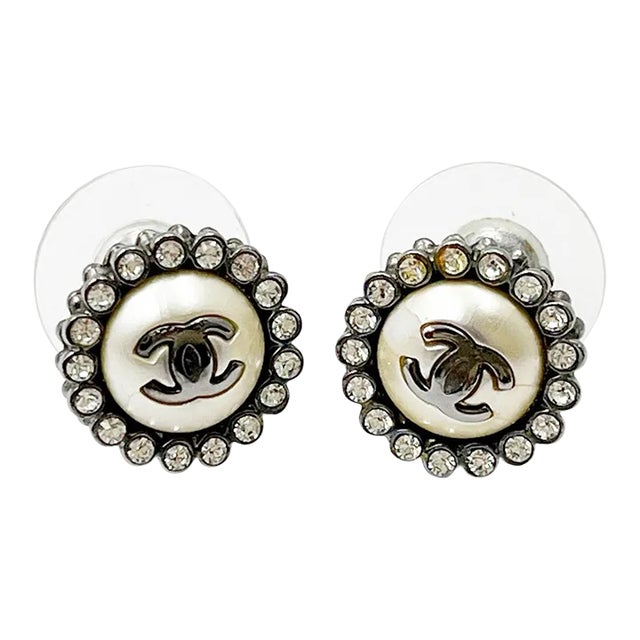 Chanel Gunmetal CC Round Crystal Small Piercing Earrings 2 Pieces Chairish