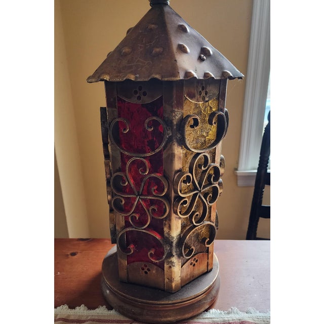 1960s Large Spanish Revival Gilded Red and Yellow Glass Lamp | Chairish