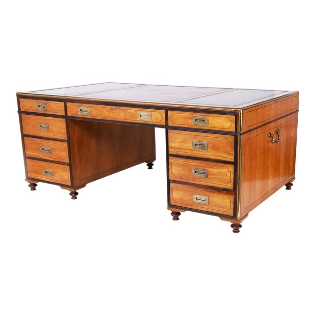 Baker Vintage Campaign Style Leather Top Partners Desk | Chairish