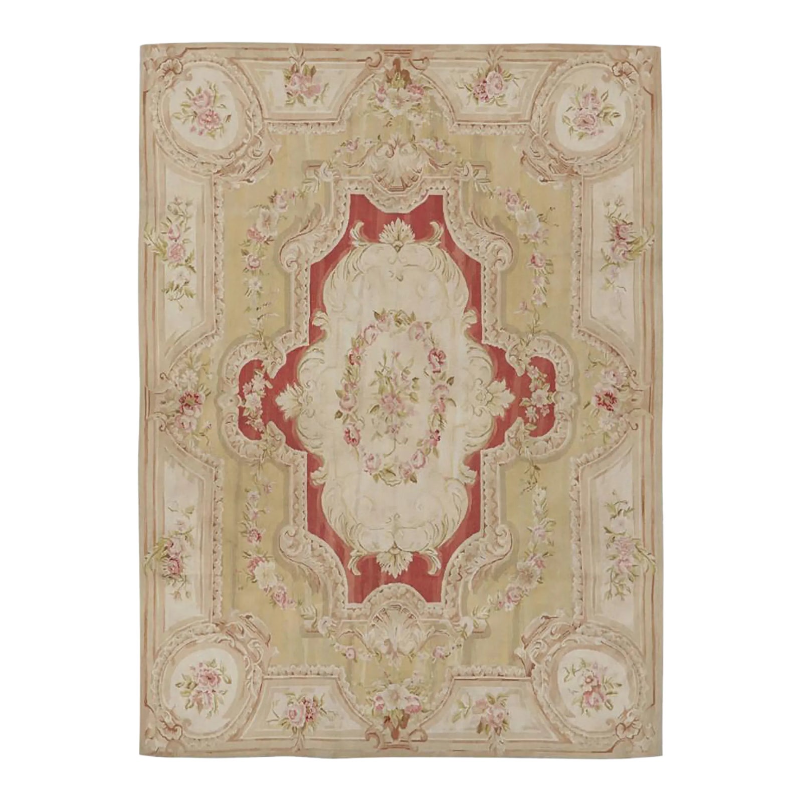 Rug & Kilim’s Aubusson Style Rug in Cream and Green With Red Floral ...