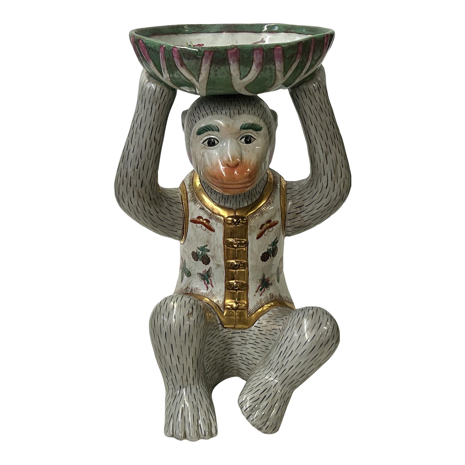 Vintage Oriental Gray Base Color Monkey Holding Bowl Figure | Chairish