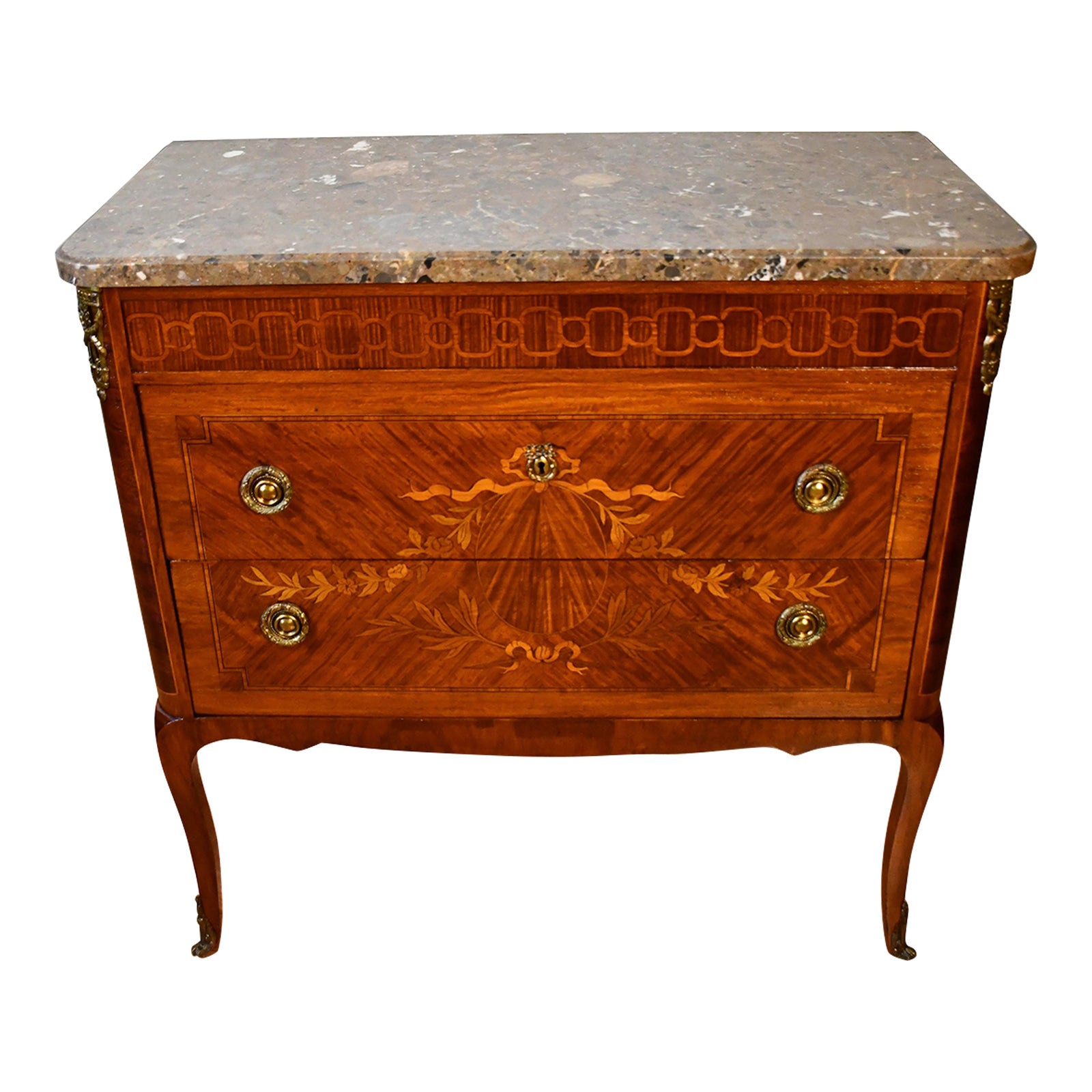 1890 Antique French Louis XV Walnut Inlaid & Marble Top Commode Chest ...