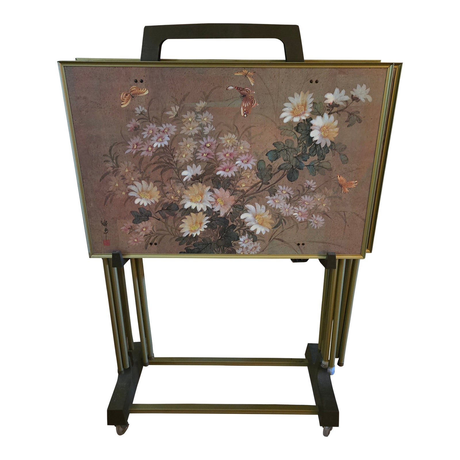 1970s Metal Tv Trays Set of 3 With Rolling Stand - Set of 4 | Chairish