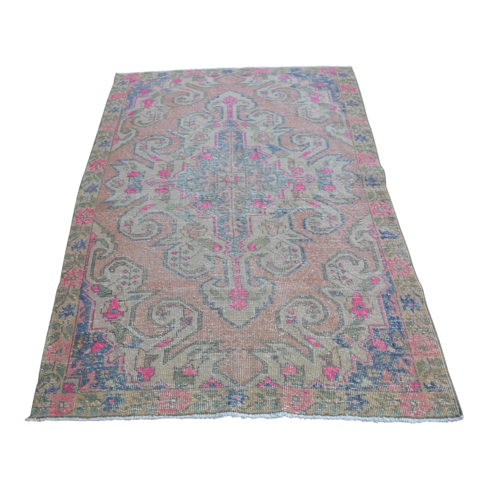 Turkish Tribal Pink Wool Floor Rug - 4′2″ × 7′ | Chairish