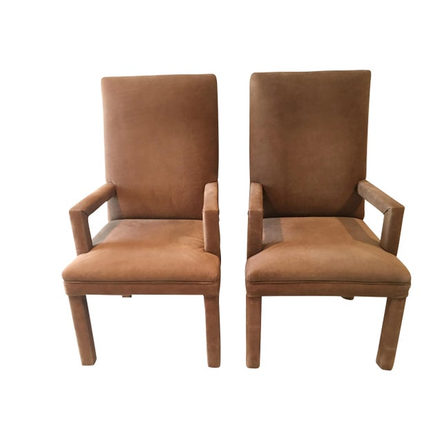 Sueded Leather Parsons Arm Chairs - a Pair | Chairish