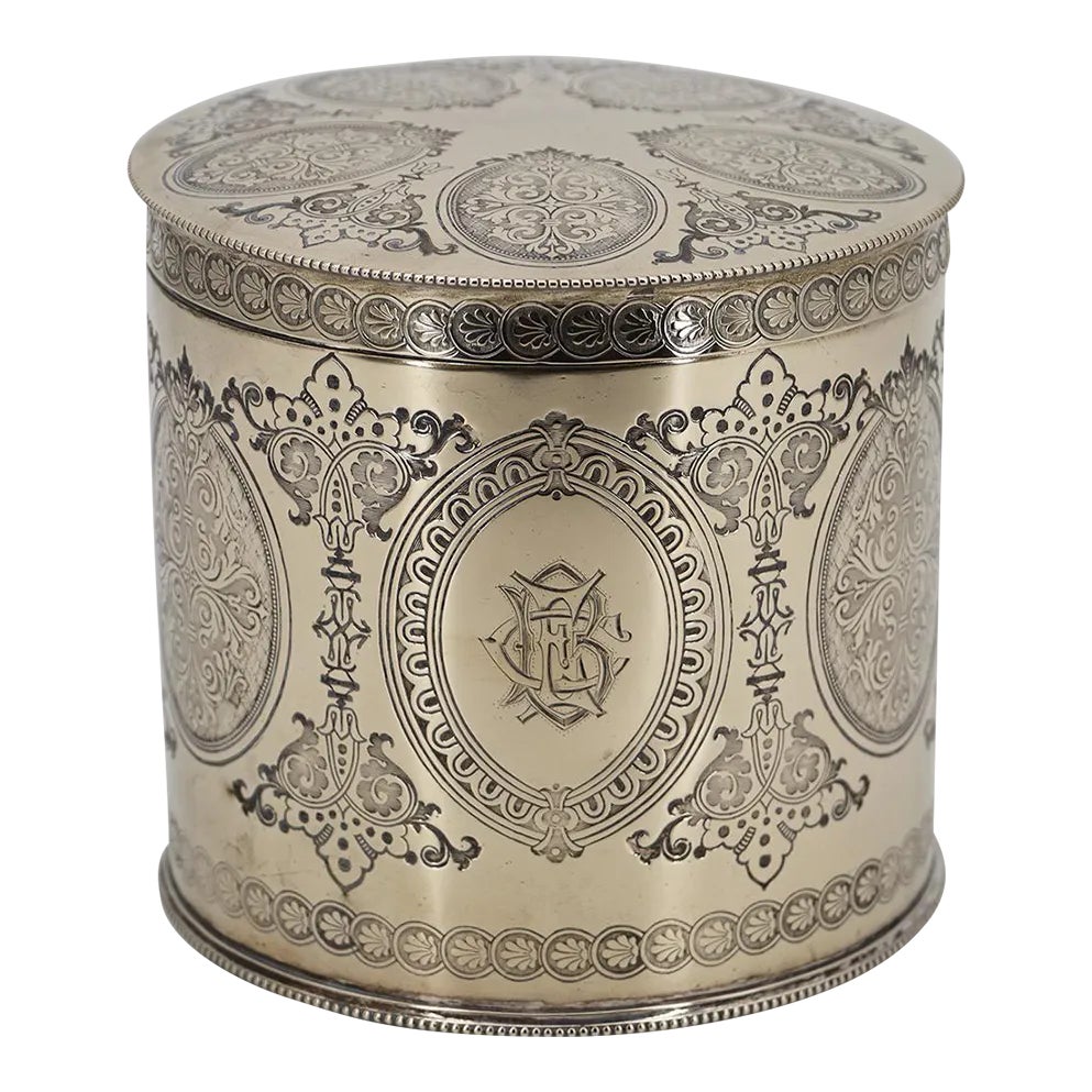 19th Century Monogrammed Biscuit Barrel, English Silver Plate, Maker ...