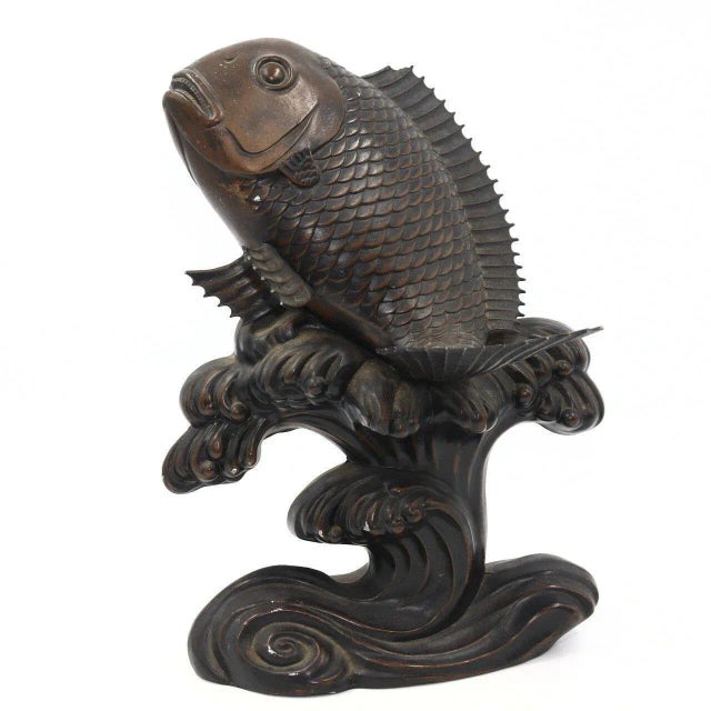 Meiji Early 1900s Japanese Bronze Fish Carp Sea Bream Koi Waves Sea on ...
