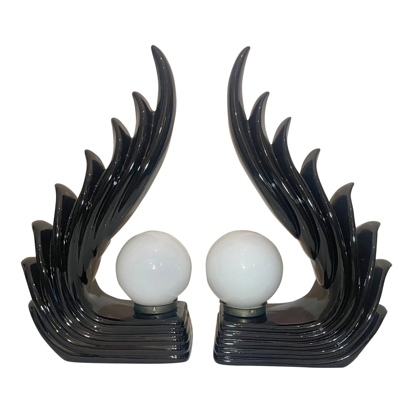Large Pair of Vintage Mid Century Modern Wave Flame Black Ceramic Table ...