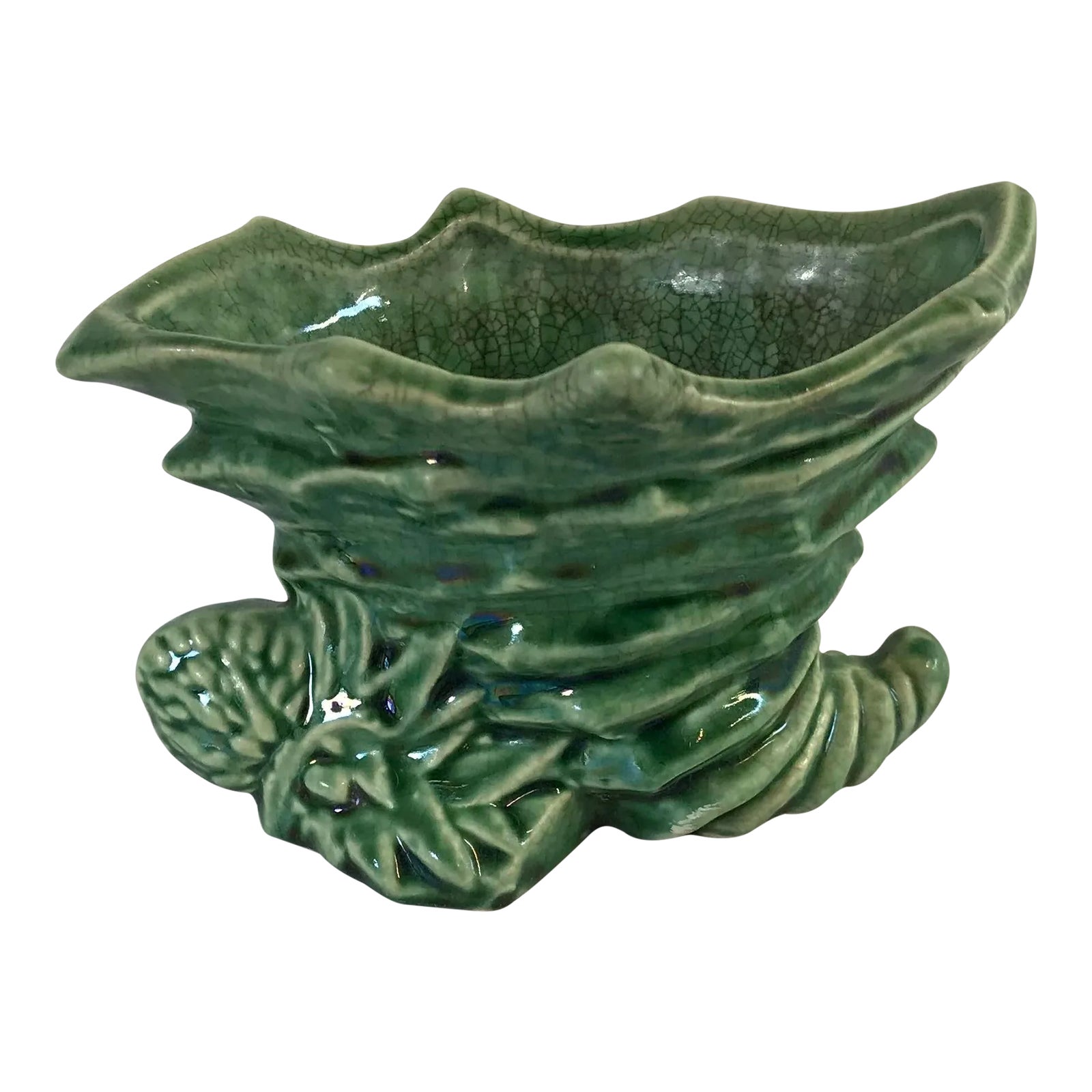 Vintage McCoy Green Ceramic Cornucopia & Pinecone Planter | Chairish
