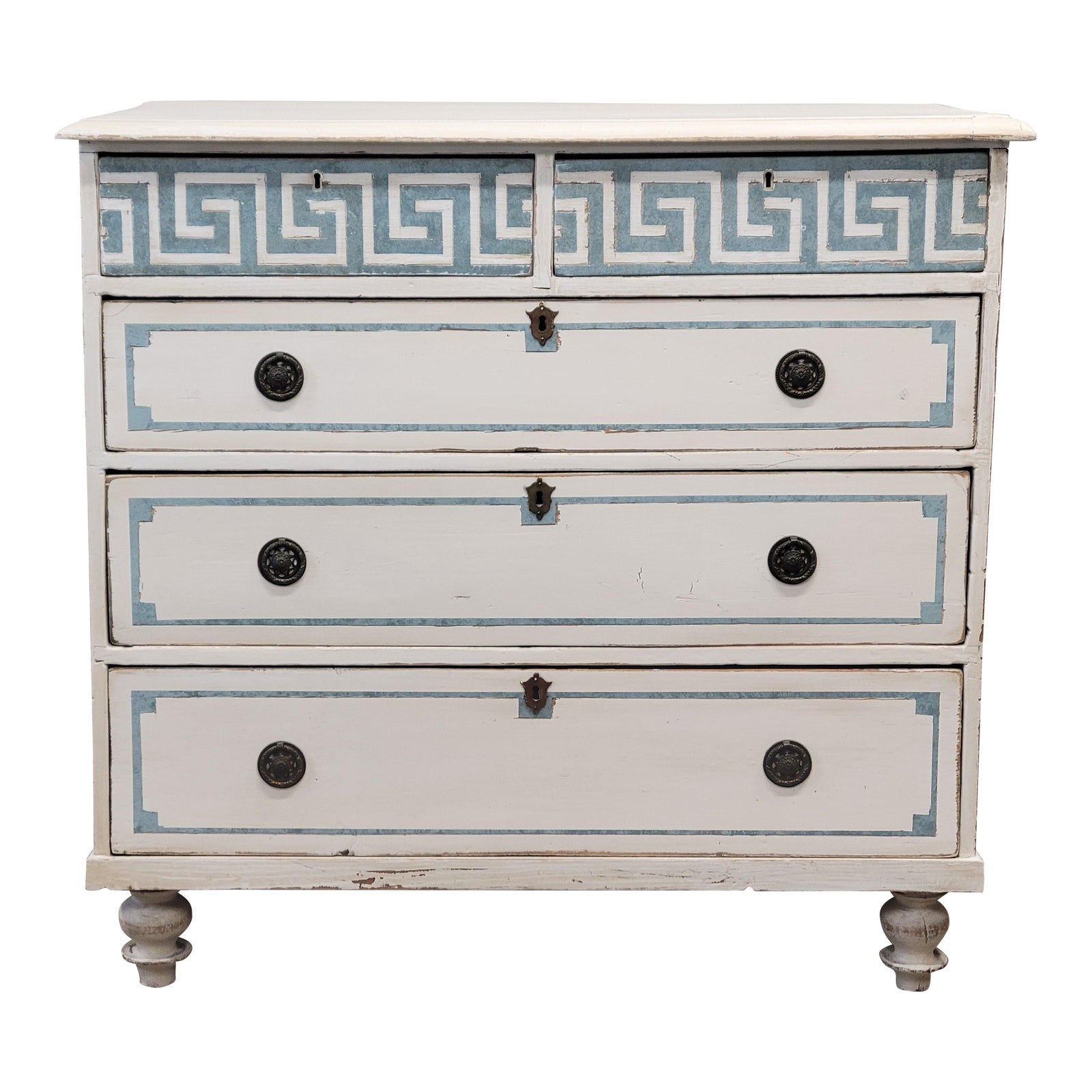 Antique English Pine Painted Dresser Chest of Drawers With Greek Key ...