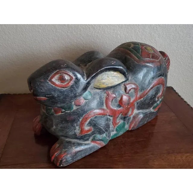 Antique Burmese Hand Carved Polychrome Rabbit Sculpture | Chairish