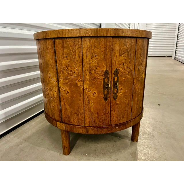 1960's Inlay Burl-Wood Drum End Table | Chairish