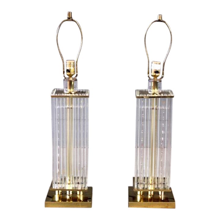 Vintage Hollywood Regency Pair Brass Glass Rod Table Lamps Gaetano ...