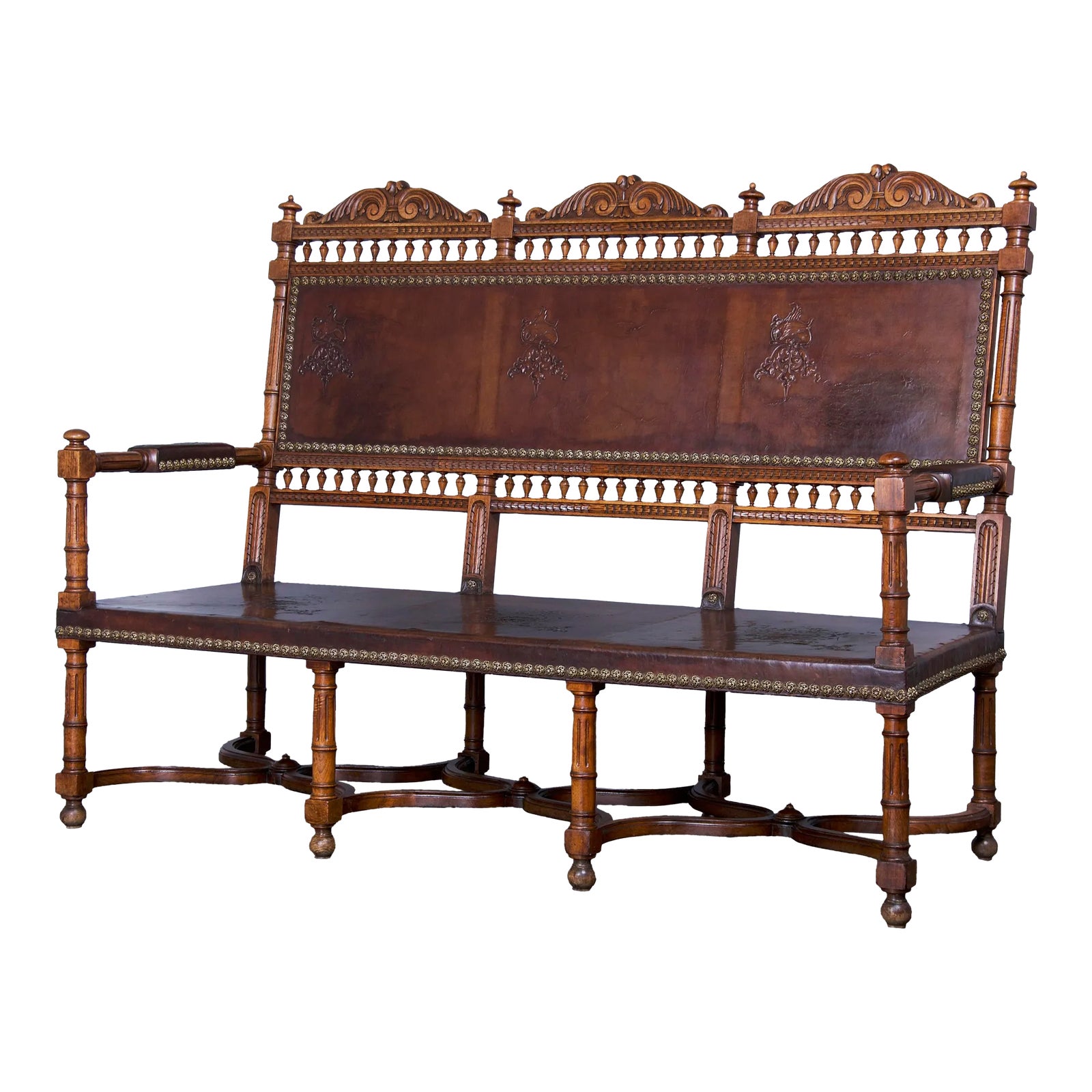 Early 19th Century French Renaissance Henry II Walnut Bench W/ Brown ...