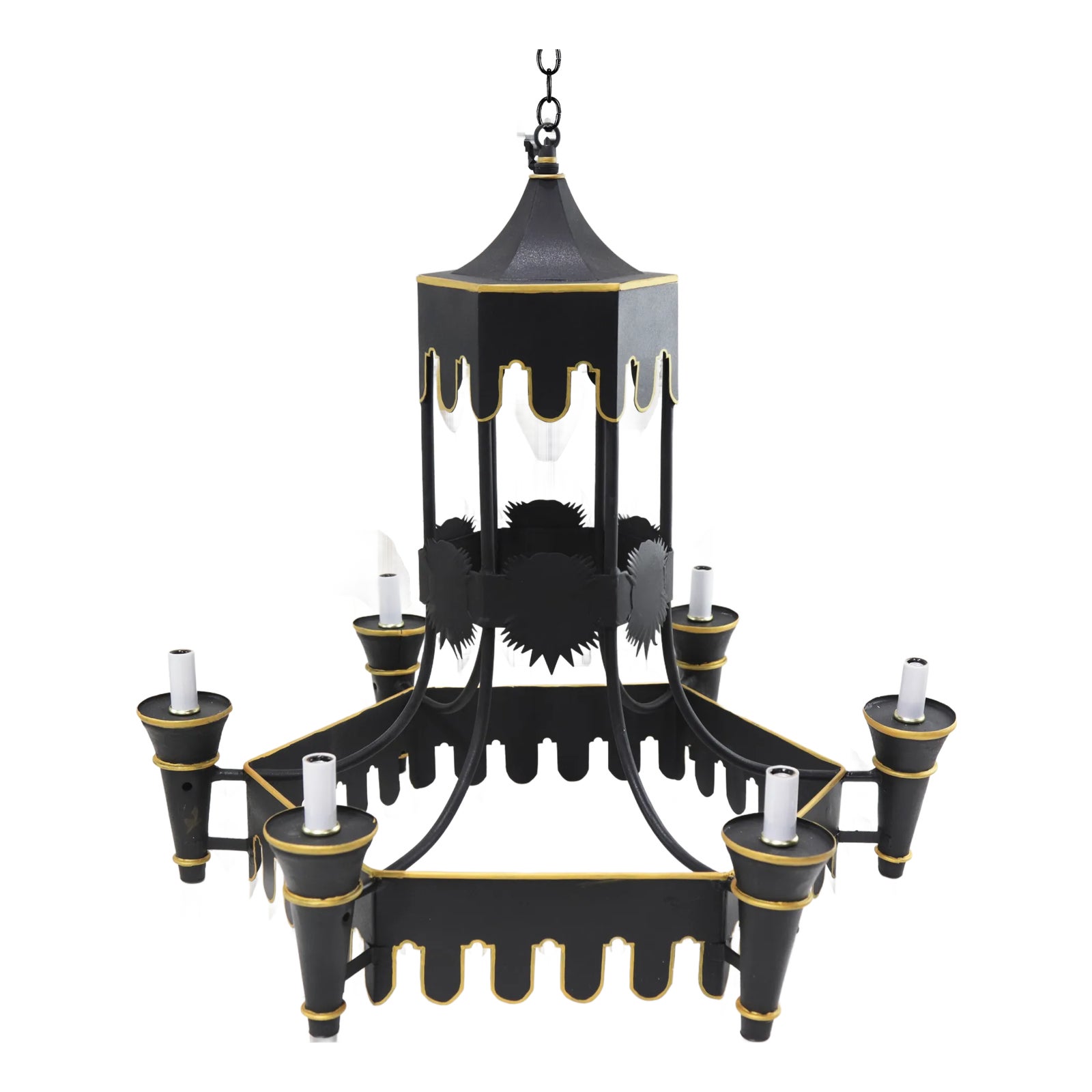 Black Tole Pagoda Style Tower Chandelier With Gold Accents | Chairish