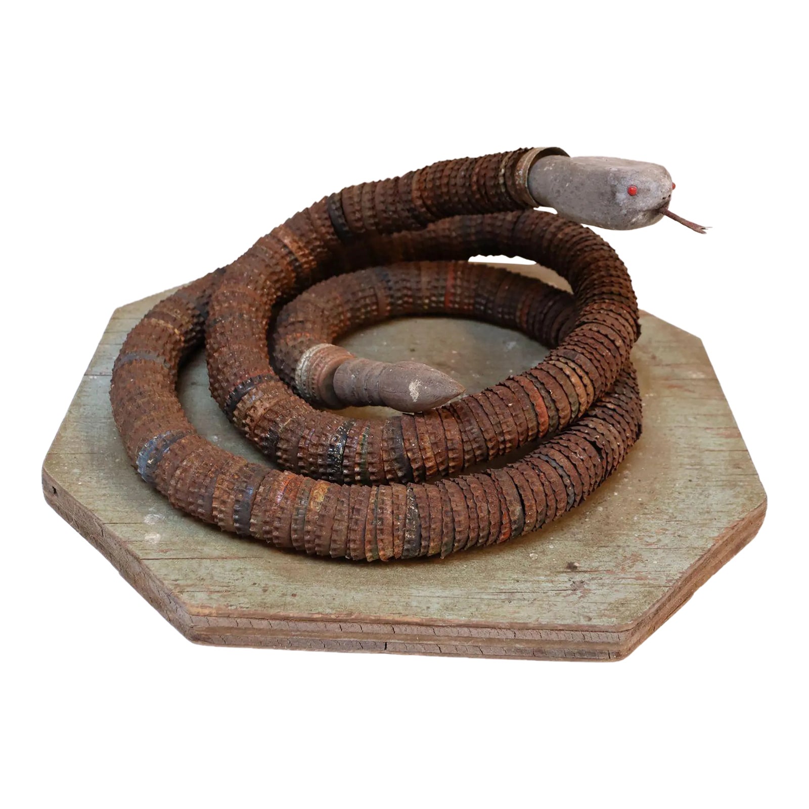 Vintage Folk Art Hand-Carved Wood and Bottlecap Snake on Octagonal Base ...