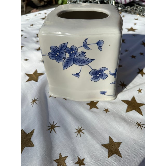 1970s Blue and White Ceramic Tissue Holder | Chairish