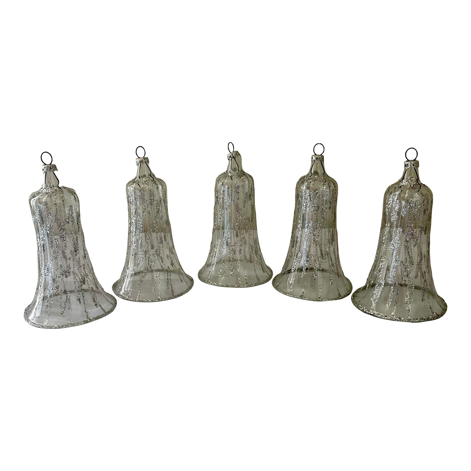 Vintage Delicate Glass Bells with Silver Glitter Ornaments- Set of 5 ...