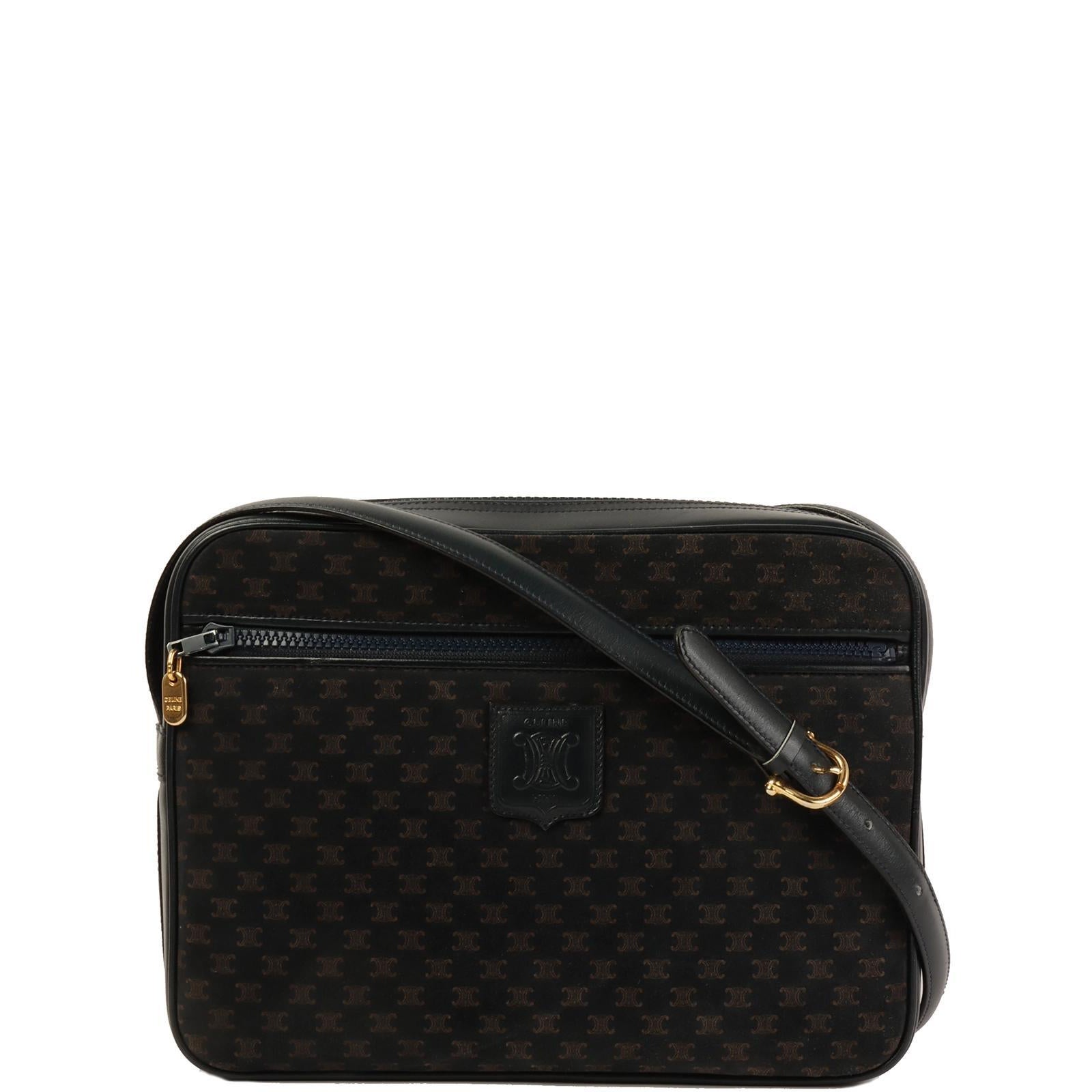 Celine Suede Macadam Pattern Logo Embossed Shoulder Bag Navy | Chairish