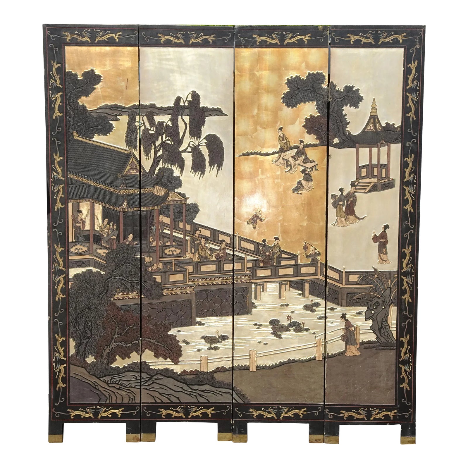 Vtg Oriental Asian Gold Leaf Coromandel Four Panel Screen Room Divider ...