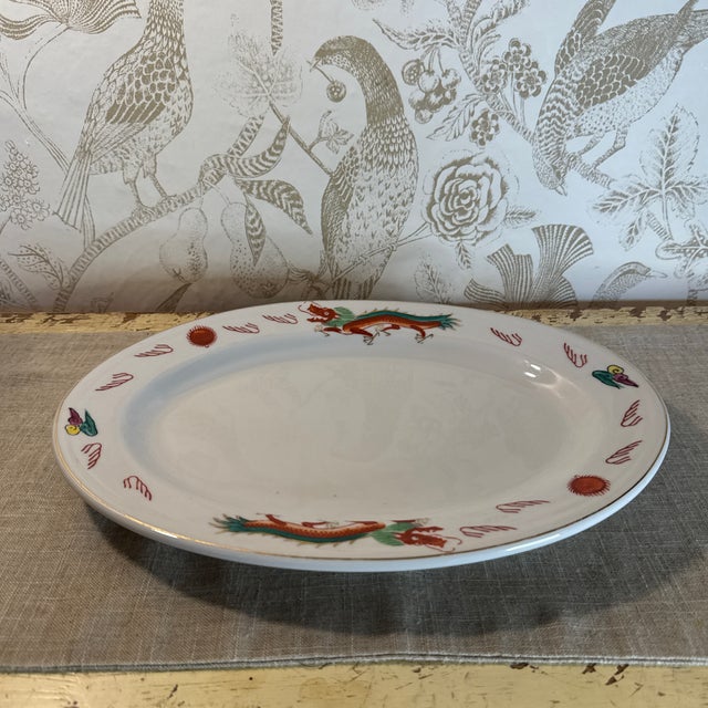 Vintage Dragon Motif Porcelain Oval Serving Platter | Chairish