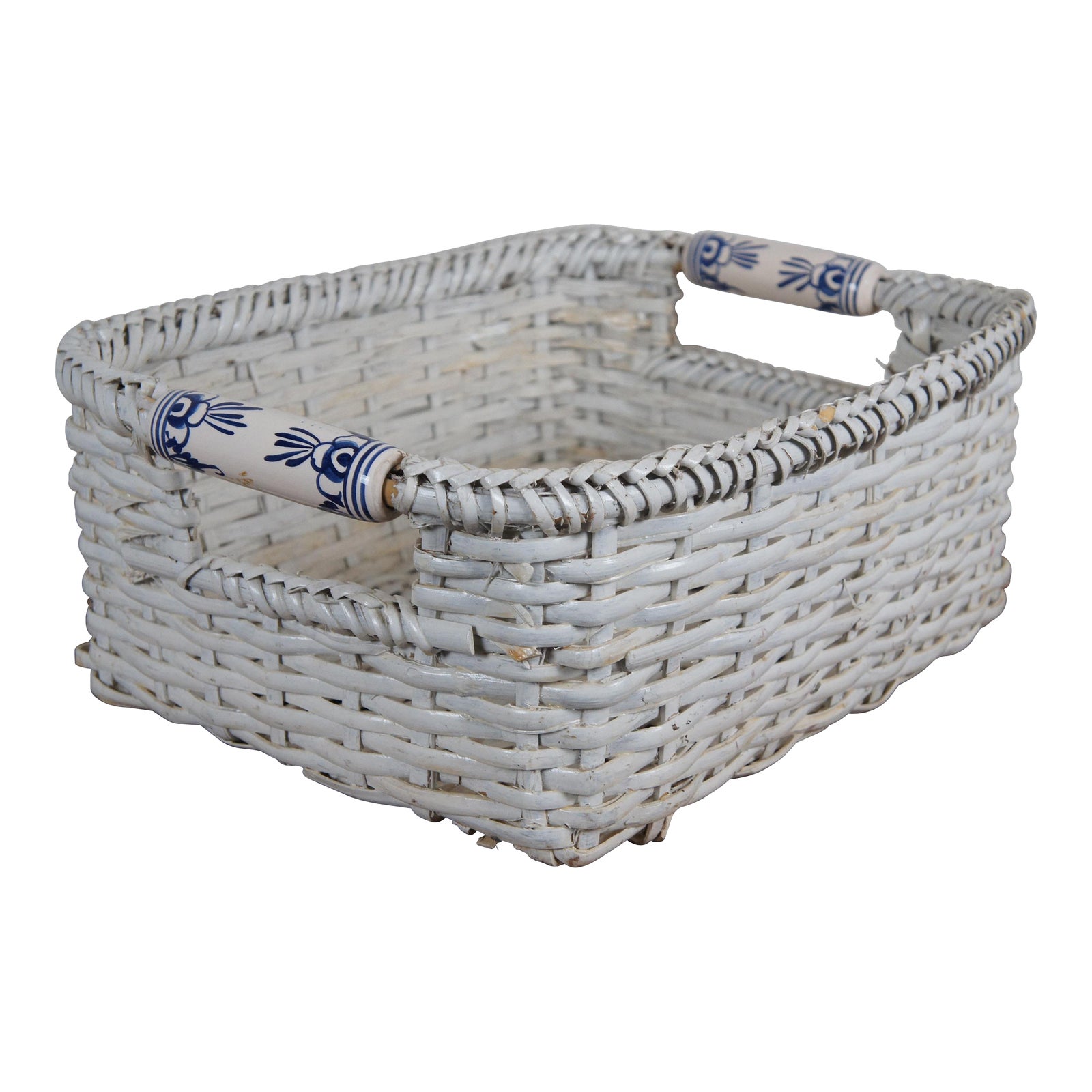 Late 20th Century Boho Woven Wicker Rattan Porcelain Delft Handle ...