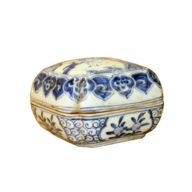 Chinese Blue White Porcelain Scenery Accent Square Box Display | Chairish
