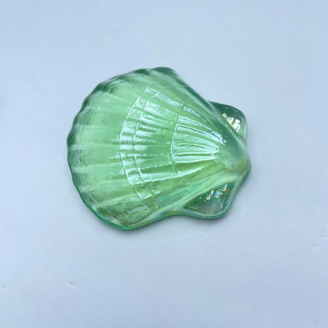 Coastal Green Iridescent Glass Clam Shell Paper Weight | Chairish