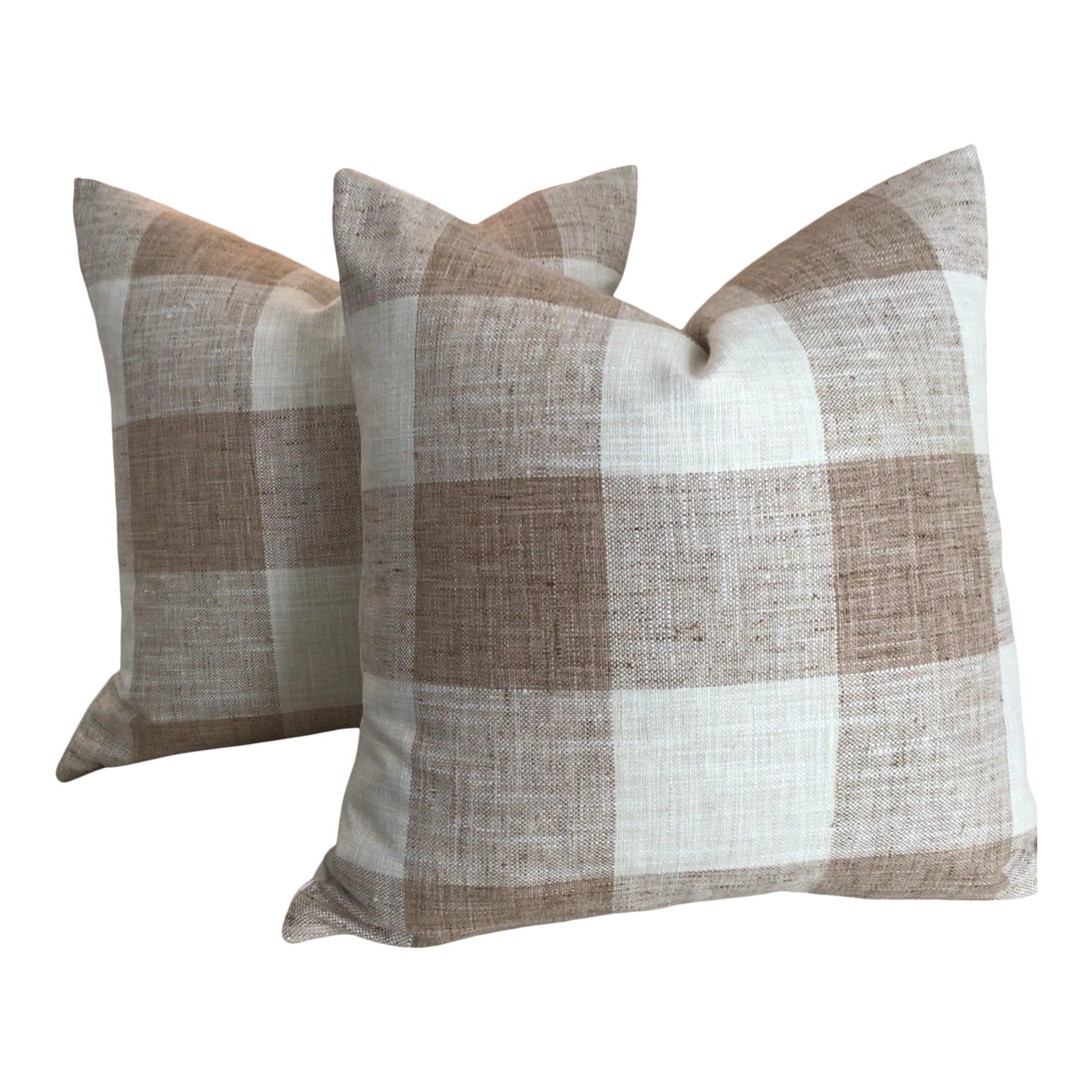 Tan Buffalo Check 22” Down Filled Pillows - a Pair | Chairish