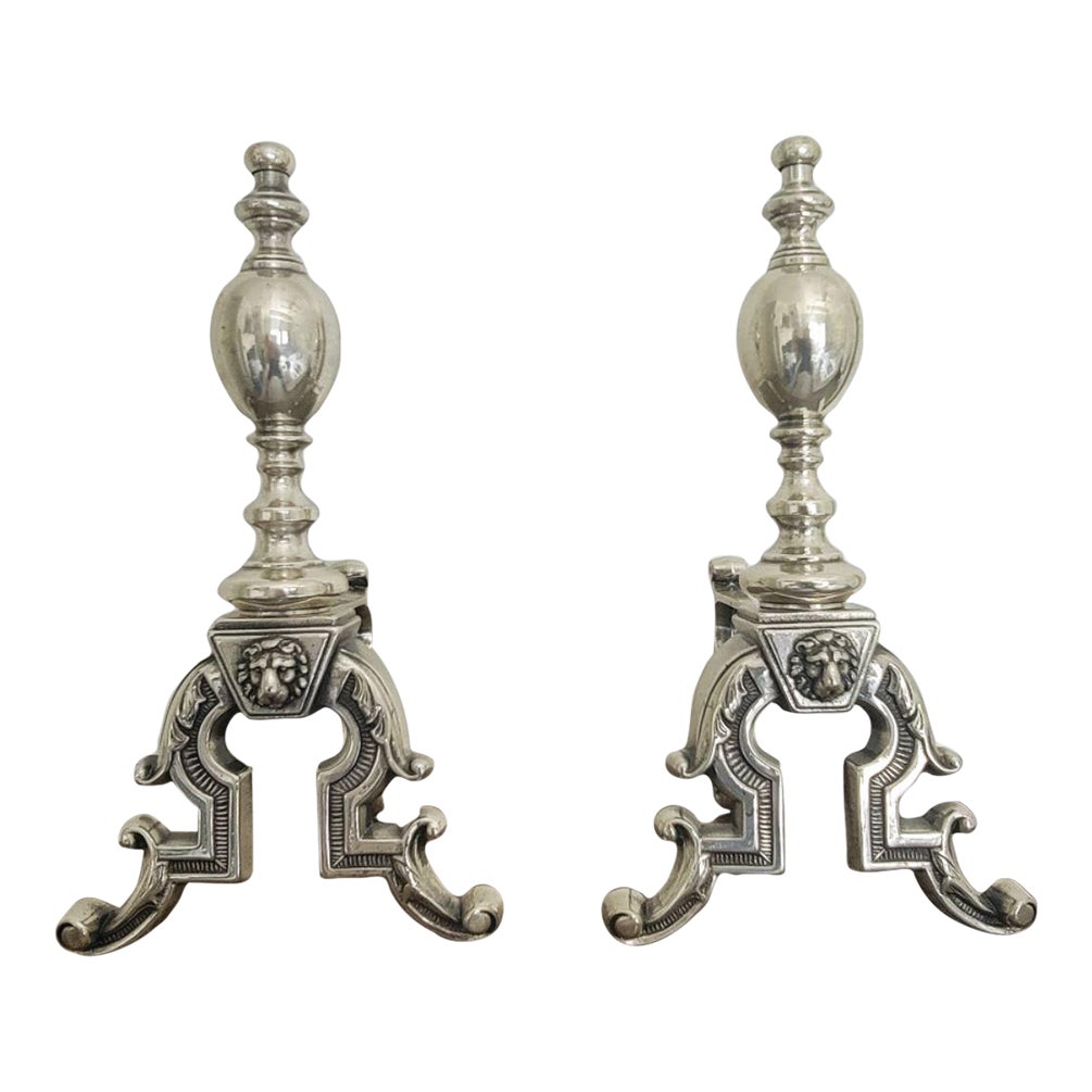 Italian Die-Cast Brass Andiron Set in Antique Silver Finish | Chairish