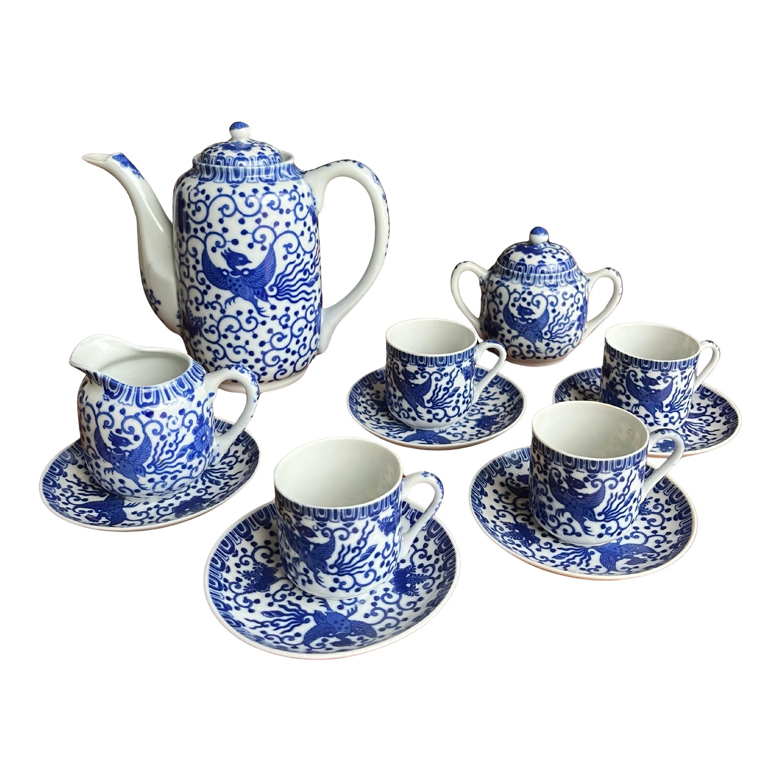 Lot 12 Pieces Blue Phoenix Bird Japan Teapot Sugar Bowl Creamer Teacups ...
