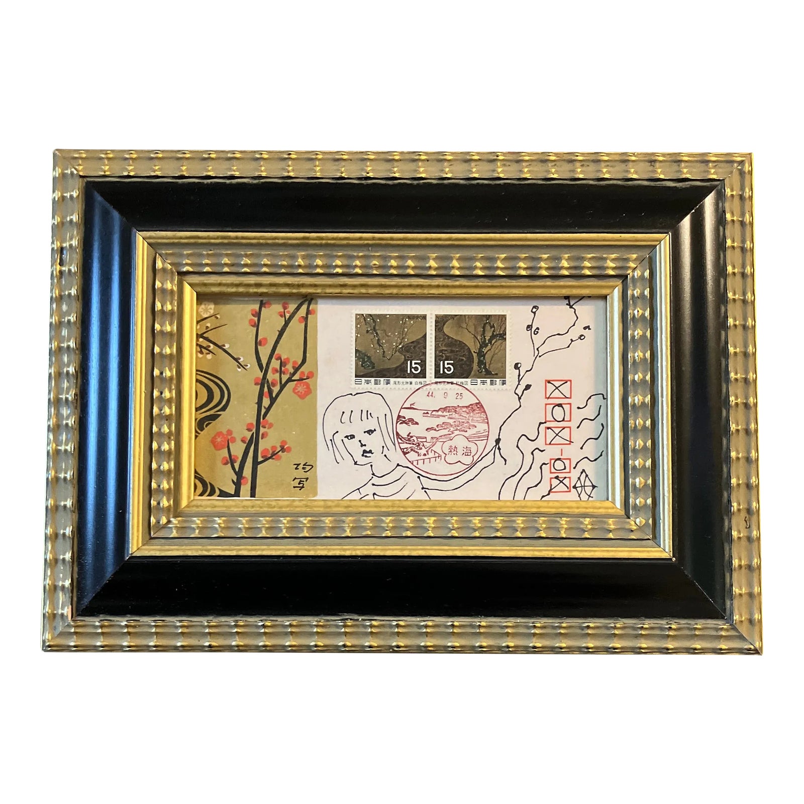 Contemporary Original Judy Henn Small Abstract Ink Drawing/Collage “ First Day Spring Garden ...