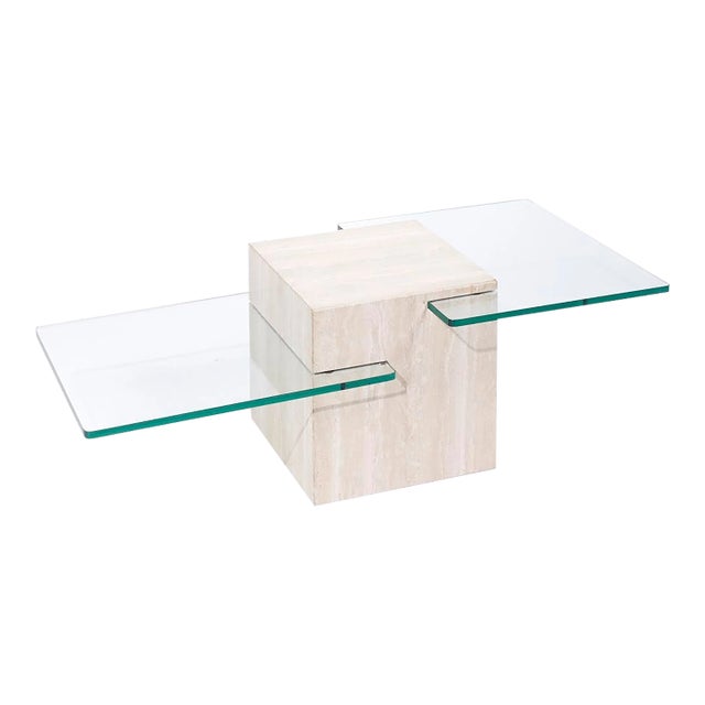 Mid Century Travertine and Glass Multi-Tier Coffee Table | Chairish