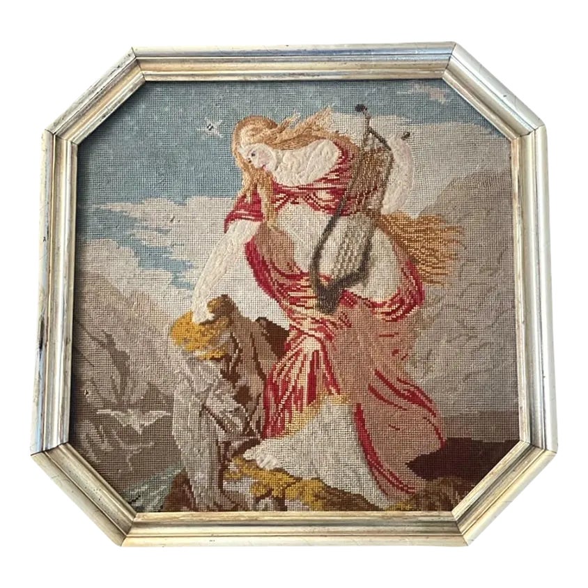 Antique Needlework Angel Tapesty, Framed Needlepoint, Petit-Point, With ...