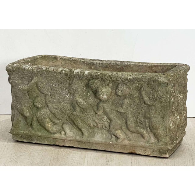 English Garden Stone Trough or Planter With Cherub Relief | Chairish