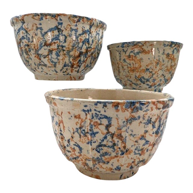 Antique Red Wing Spongeware Paneled Stoneware Nesting Bowls Set of ...