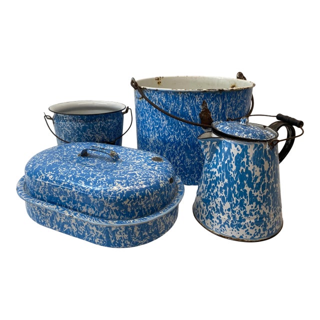 Early 20th Century Blue & White Graniteware Four Pieces | Chairish