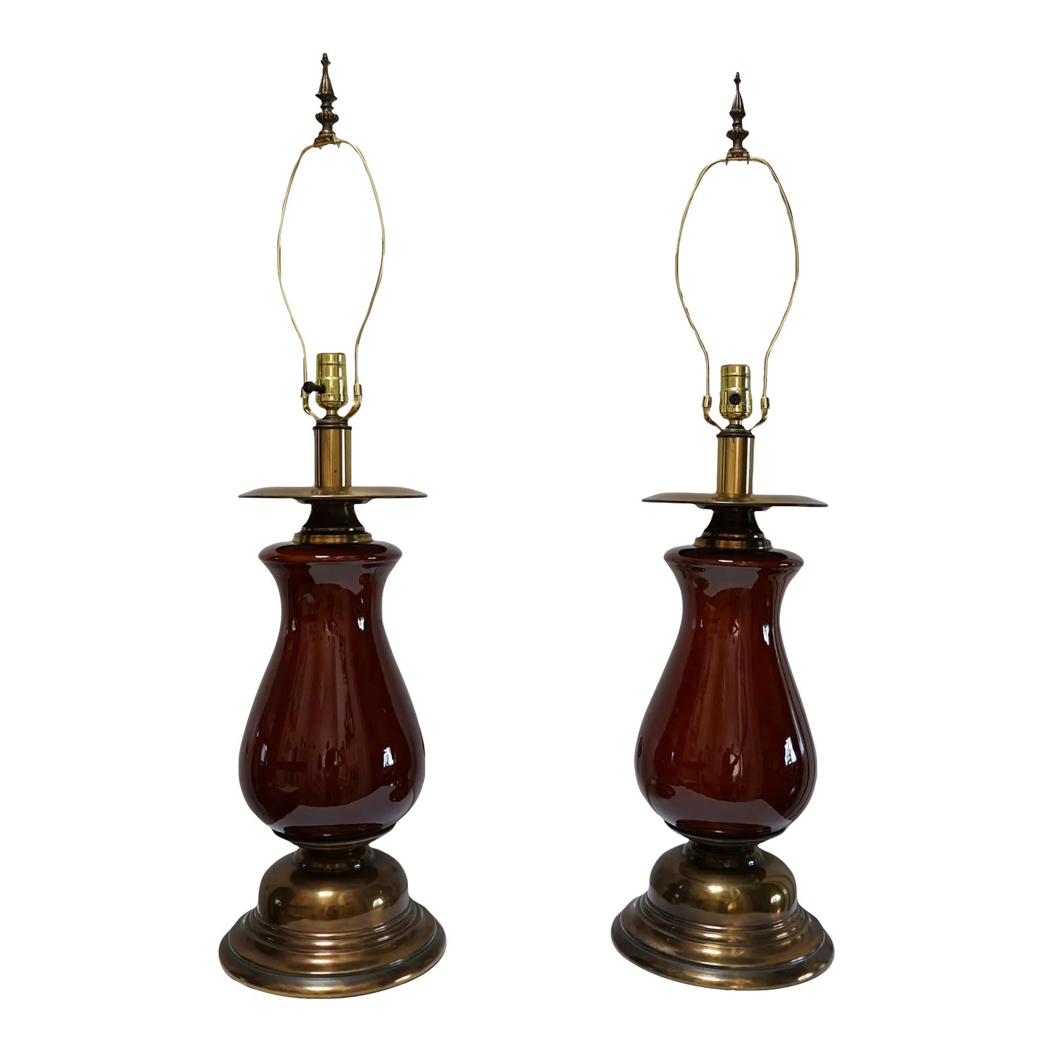 Pair of 21st Century Brass and Ceramic Burgundy Baluster Lamps | Chairish
