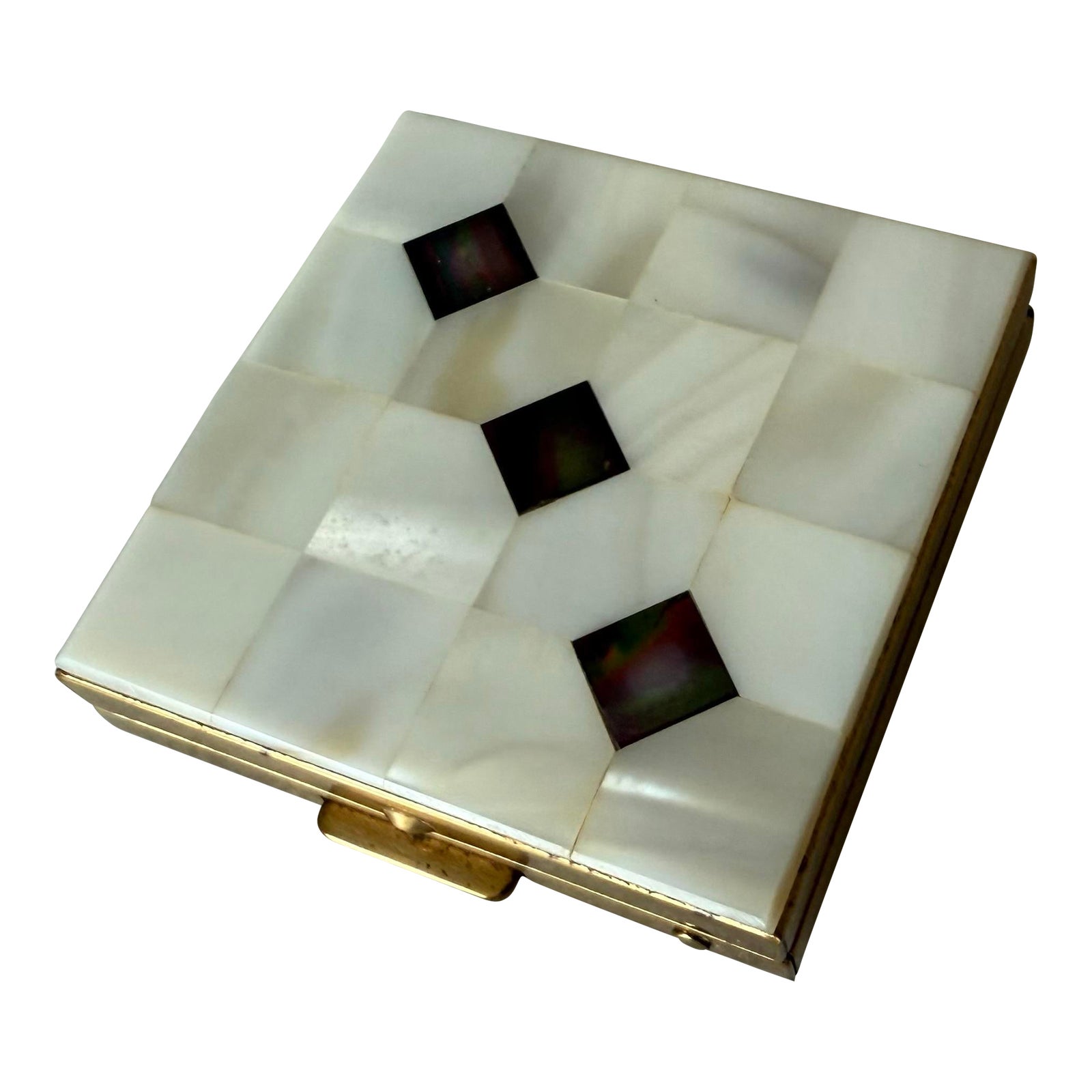 Vintage Square Compact Mirror in Brass and Inlaid Mother of Pearl and ...