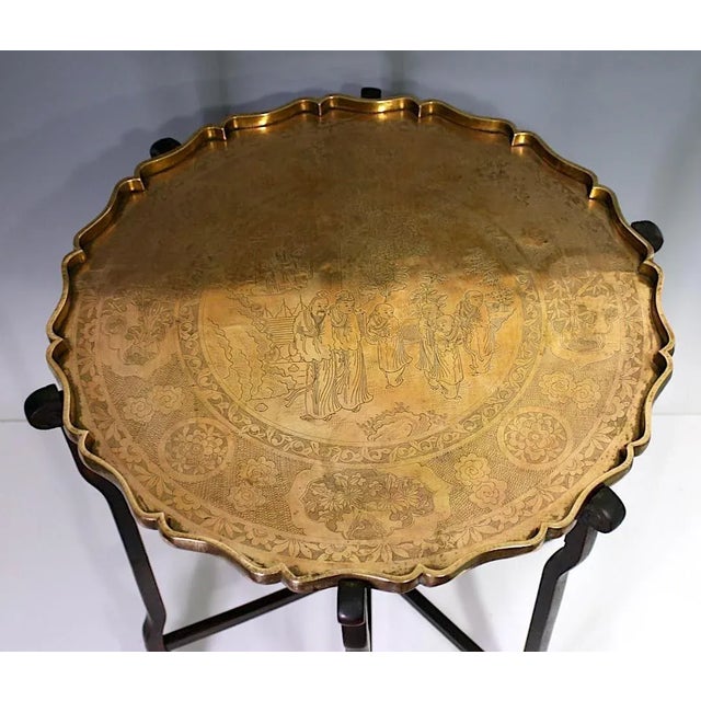 Antique Chinese Folding Golden Brass Tray Table With Engraved Scene ...
