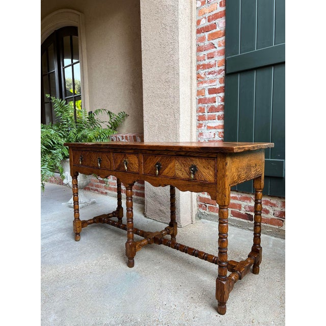 Antique English Console Hall Table Slender Carved Oak 6 Bobbin Legs ...