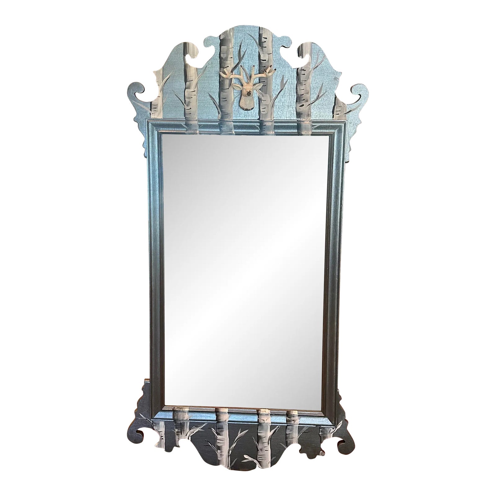 Vintage Hand Painted Stag and White Birch Mirror | Chairish