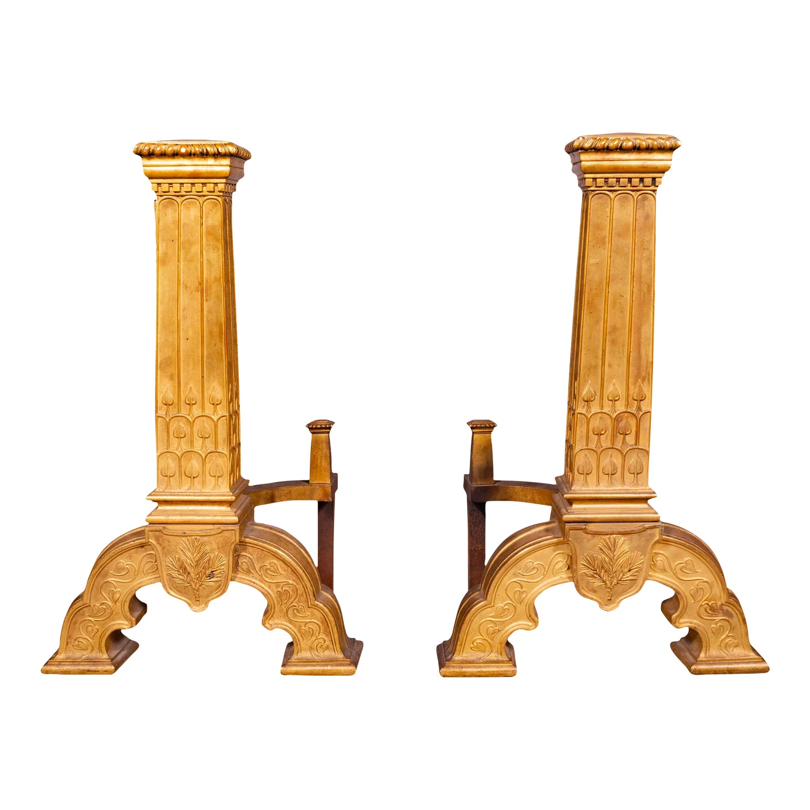 Pair of Large and Impressive Arts and Crafts Gilt Bronze Andirons ...