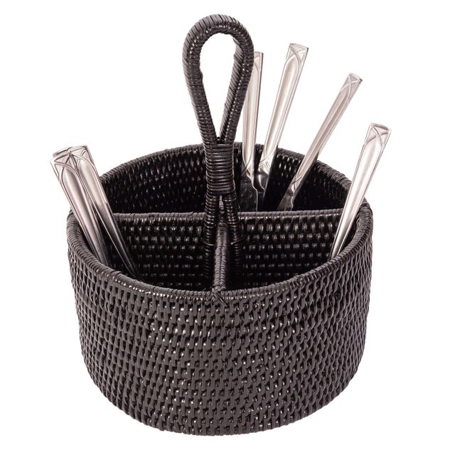 Artifacts Rattan Round 4 Section Caddy/Cutlery Holder | Chairish