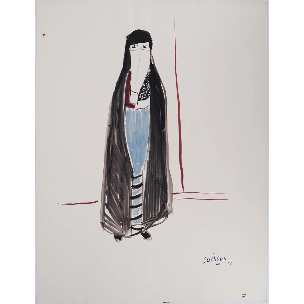 Jacques Soisson, Woman with a Black Veil, Acrylic on Paper | Chairish