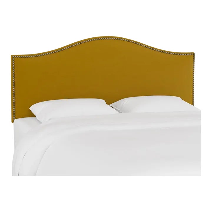 Full Camelback Headboard in Monaco Citronella with Silver Nails | Chairish