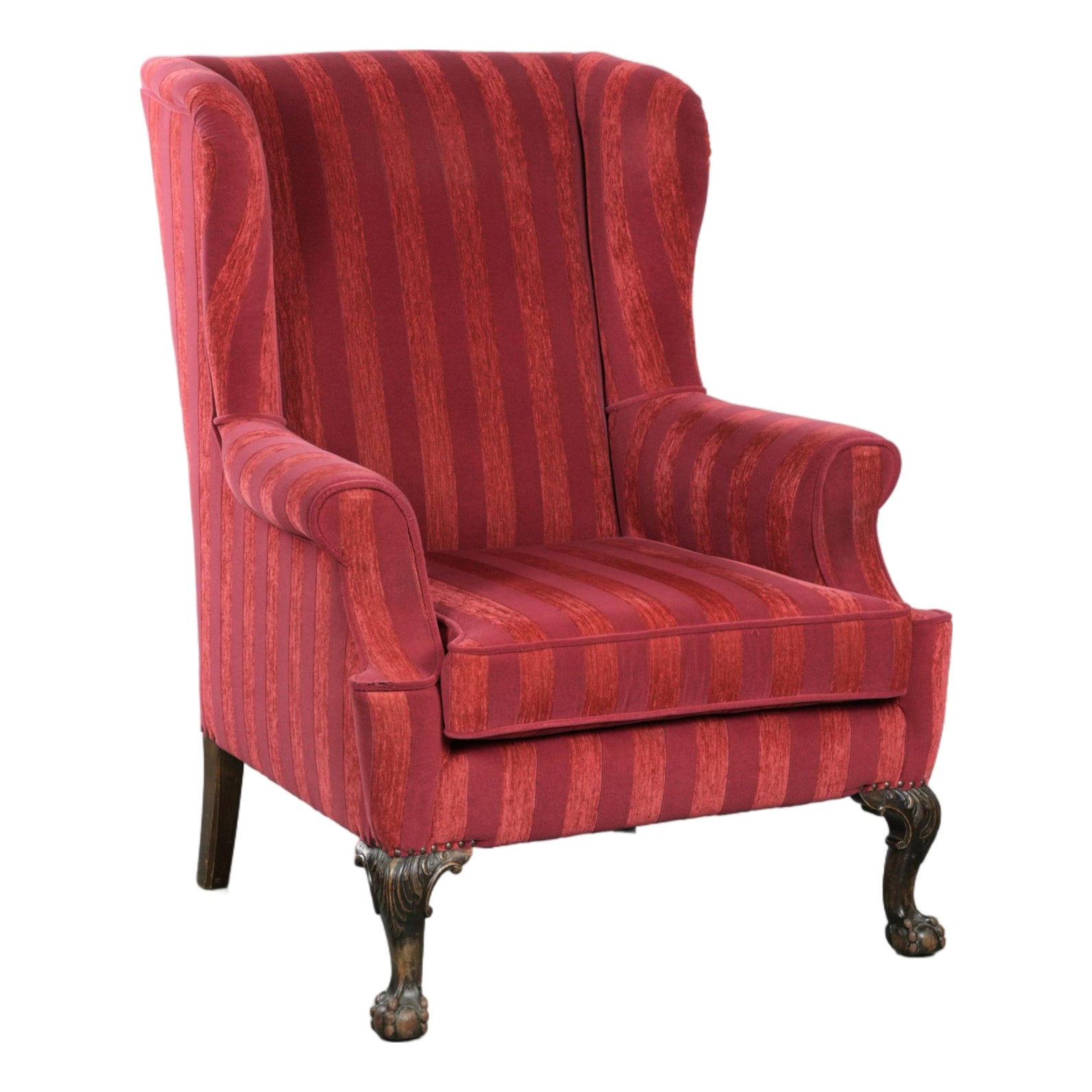 Antique Wing Lounge Chair with Red Striped Fabric, 1890s | Chairish