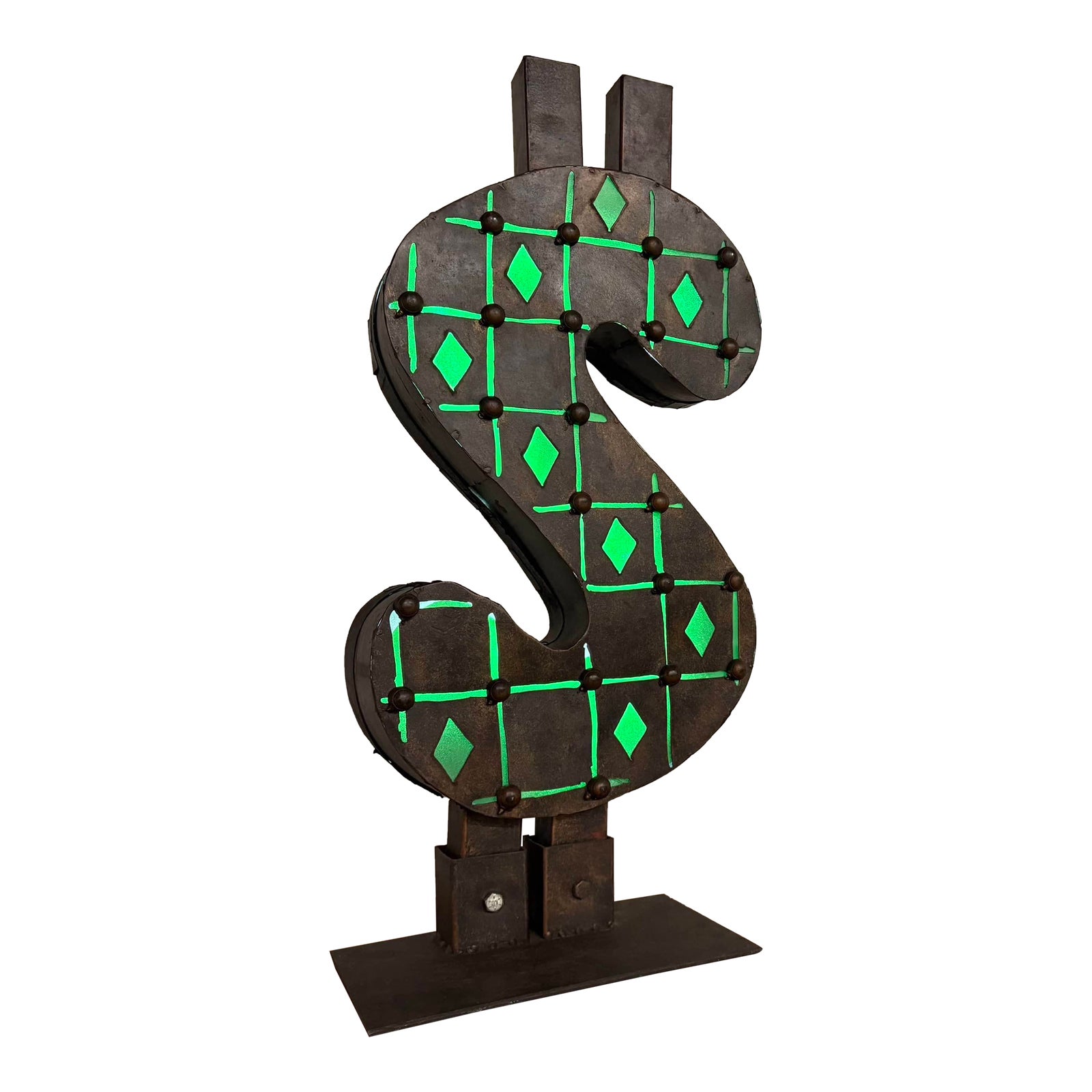 Vintage Industrial Dollar Sign Lamp With Green Glow | Chairish